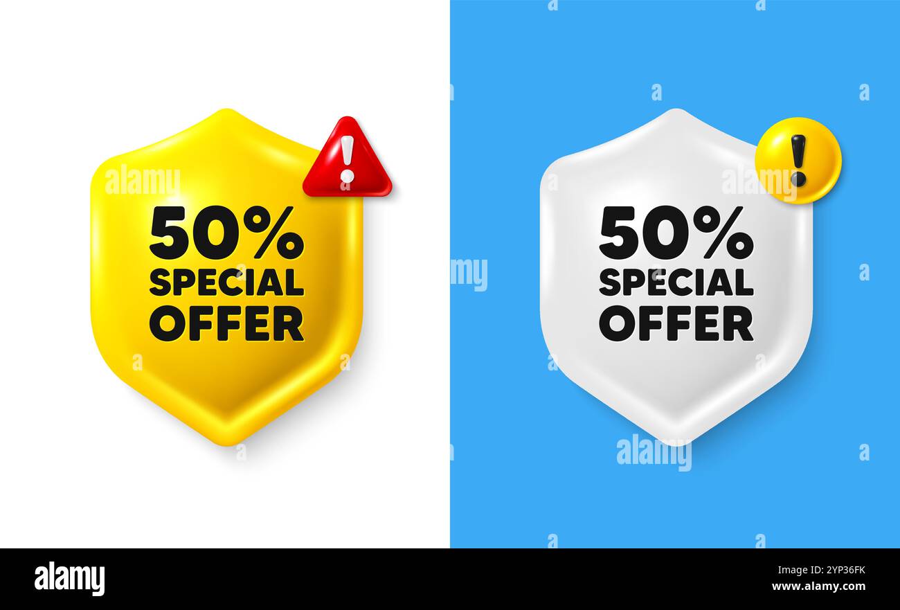 50 percent discount offer. Sale price promo sign. Shield 3d banner with ...