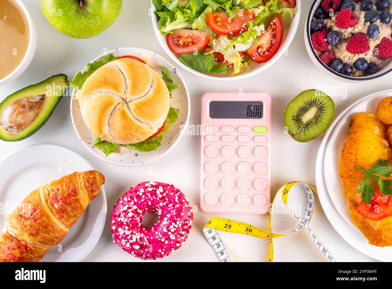 Calorie Calculator diet background with healthy and unhealthy foods ...