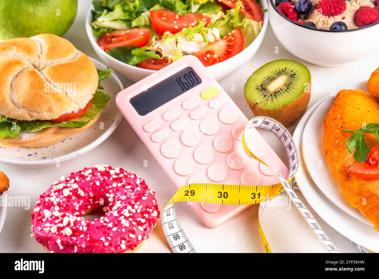 Calorie Calculator diet background with healthy and unhealthy foods ...