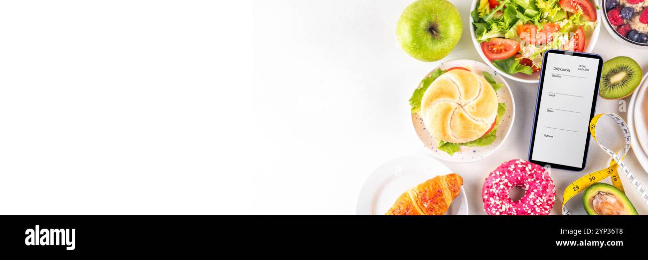 Calorie Calculator diet background with healthy and unhealthy foods ...