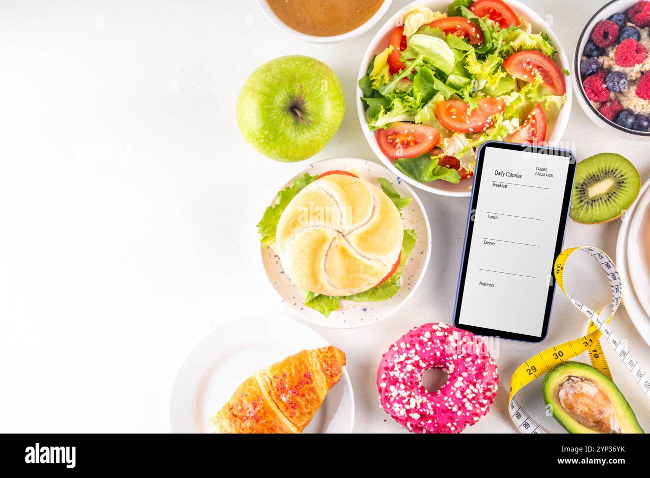 Calorie Calculator diet background with healthy and unhealthy foods ...