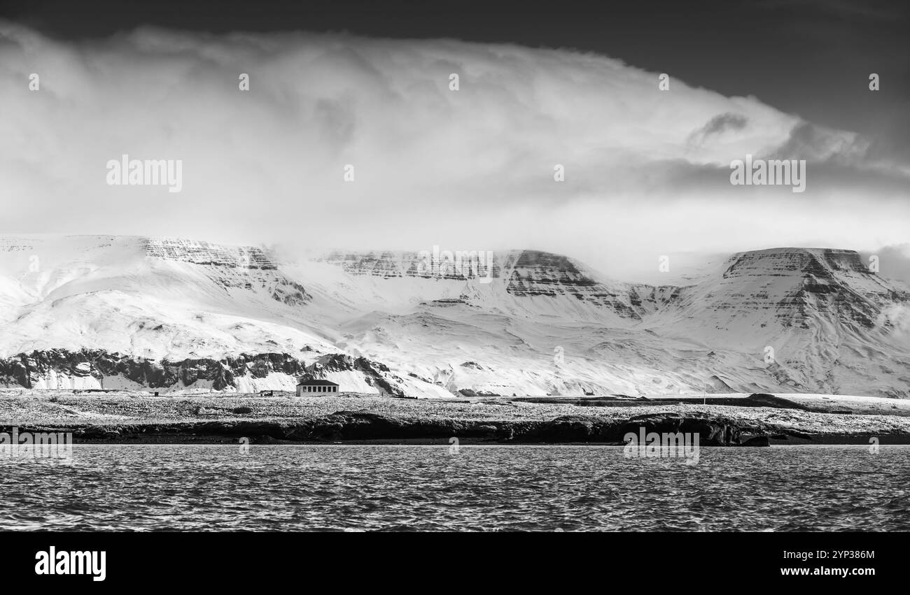 Panoramic black and white photography with coastal Icelandic landscape ...