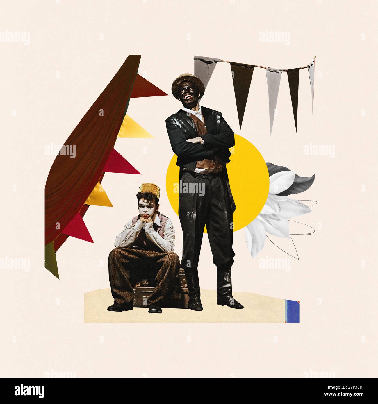 Two circus performers, boy sitting and big man standing, in vintage ...