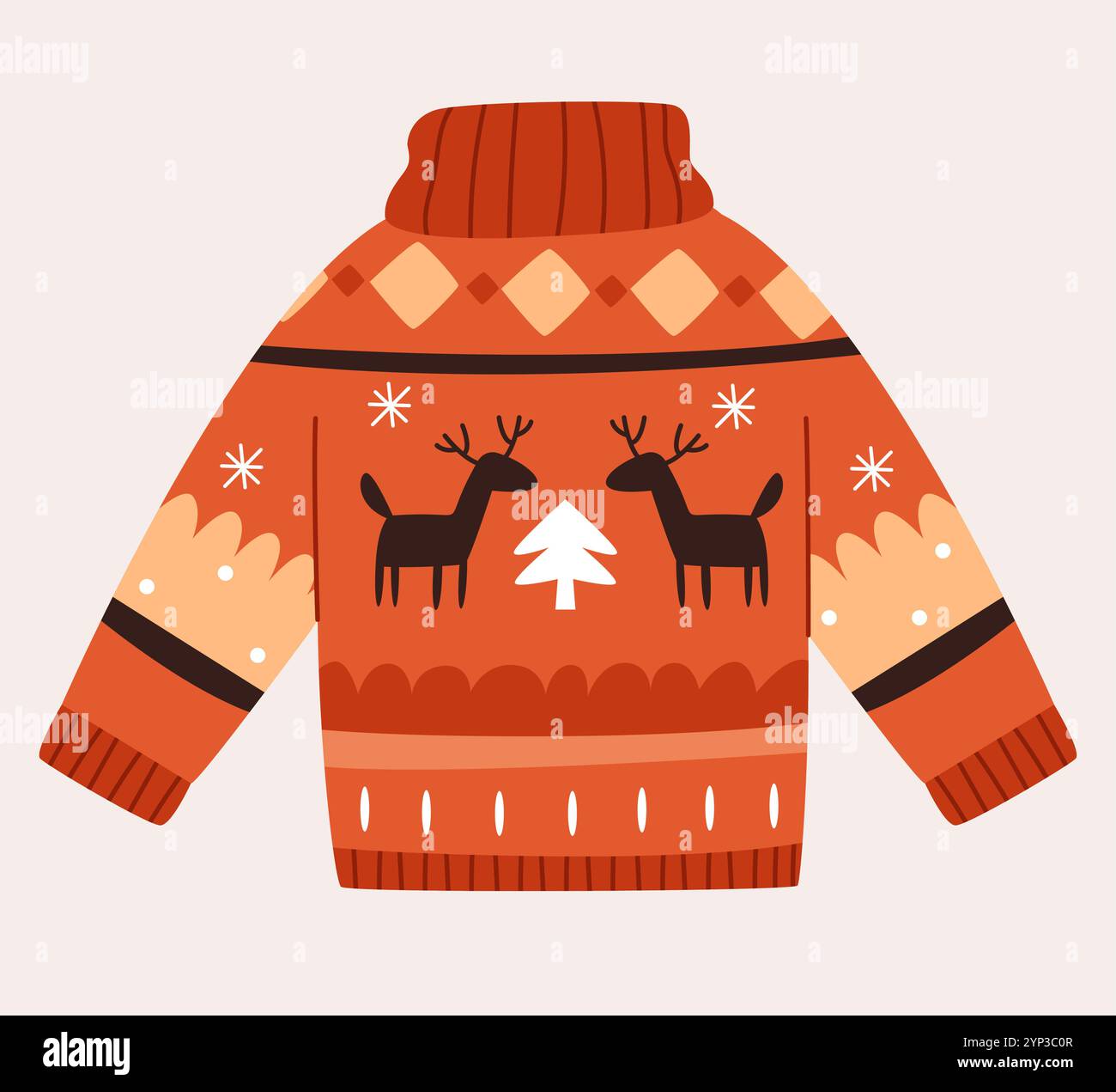 Cute warm sweater in a winter New Year's deer pattern. Red, yellow and ...