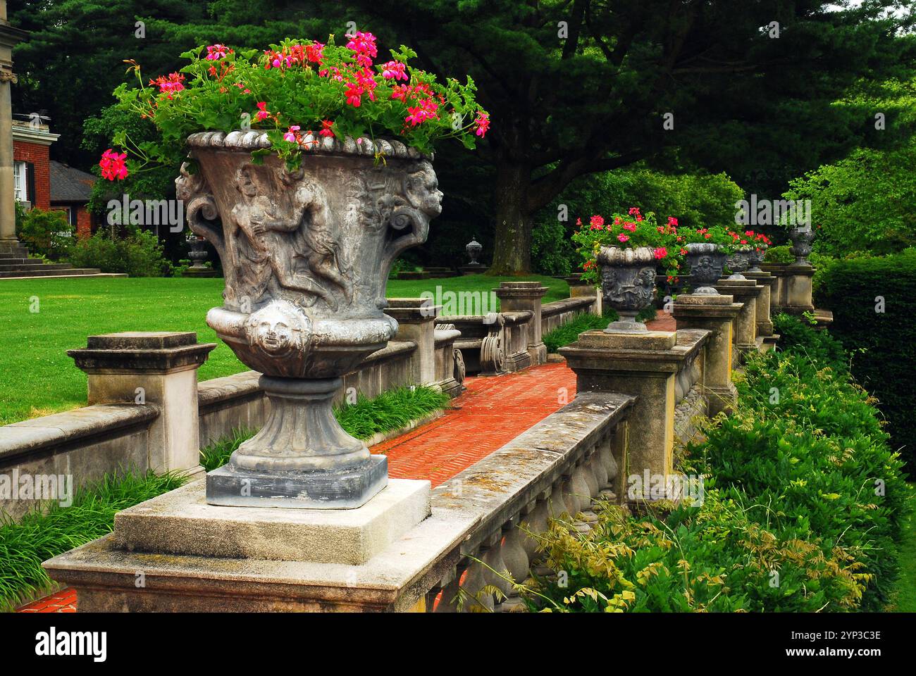 Flowers decorate a terrace of an estate on a spring day on Long Island ...