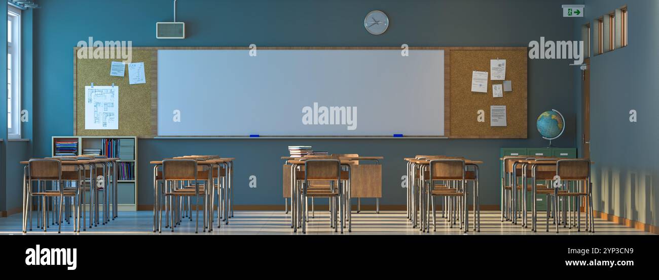 Empty classroom with whiteboard and wooden desks 3d background Stock ...