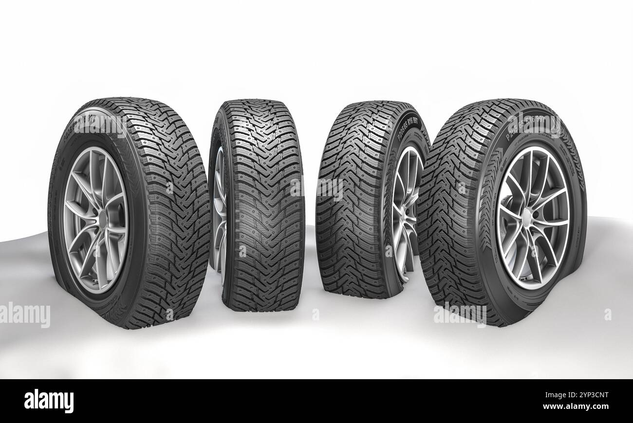 Four winter tires standing in the snow 3d white background Stock Photo ...