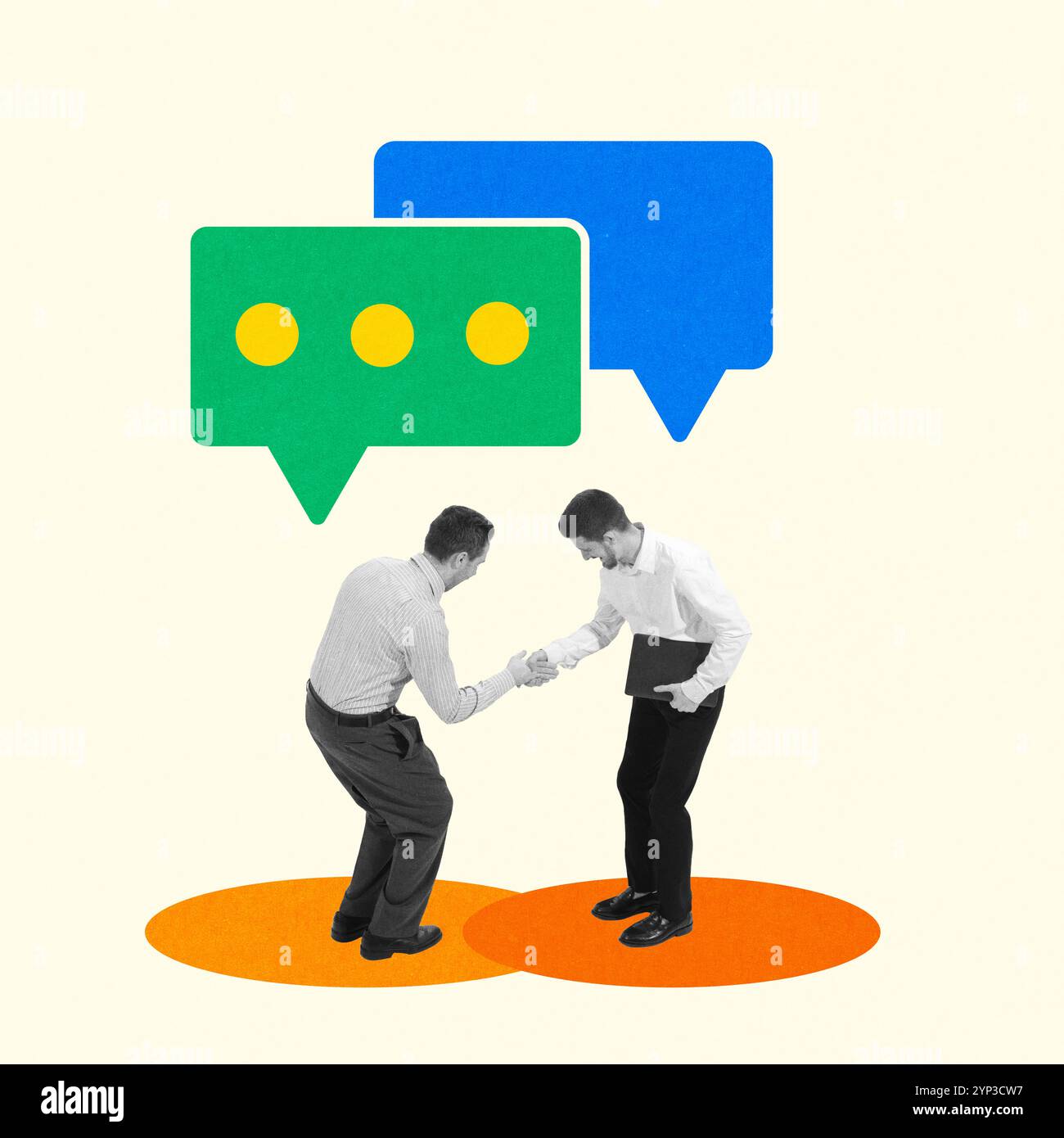 Two businessmen shaking hands under speech bubbles, symbolizing ...