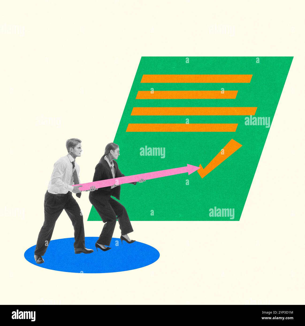 Two colleagues with large pen signing paper, symbolizing teamwork ...
