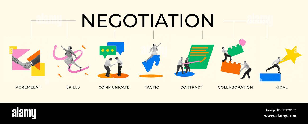 Set of conceptual illustrations depicting stages of negotiation ...