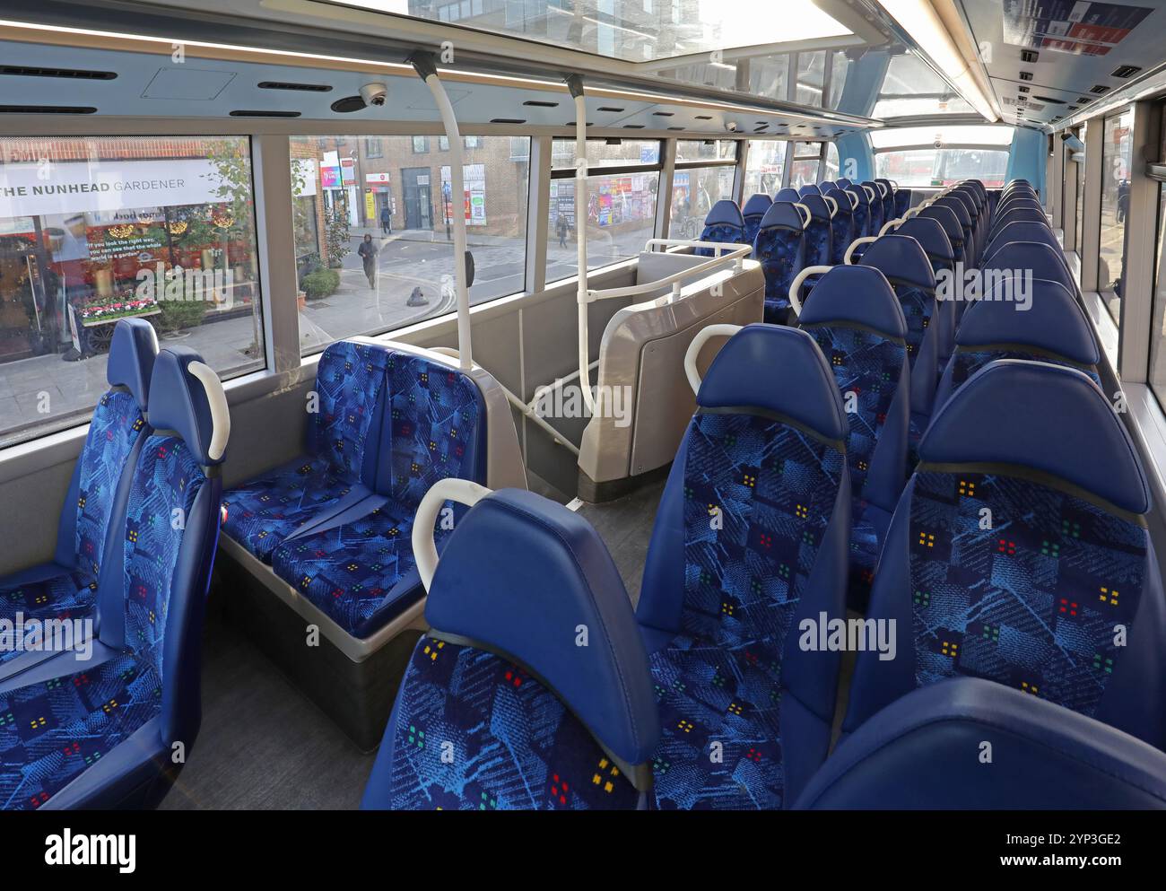 Interior of one of London's new, all-electric, double decker busses ...
