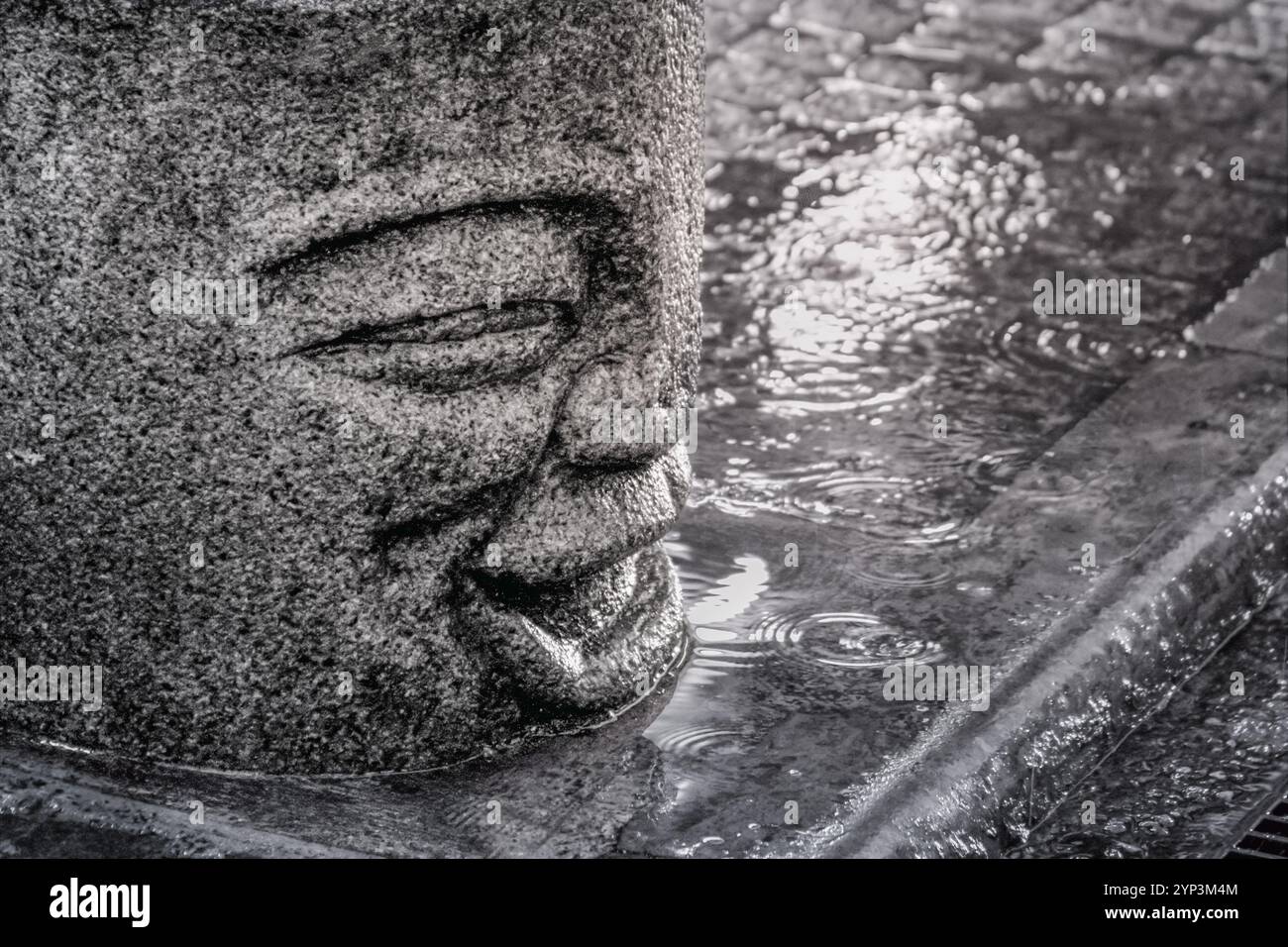 A close-up of a stone sculpture of a smiling face, partially submerged ...