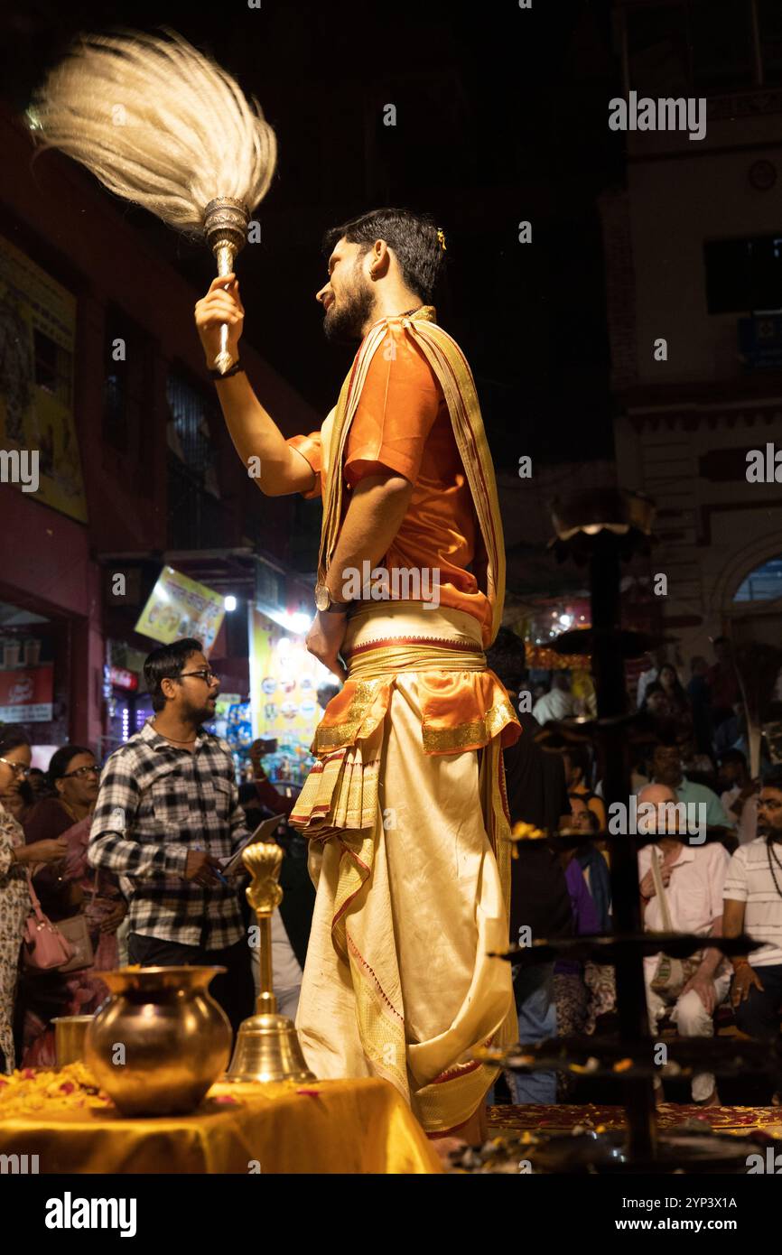 The daily ritual of Ganga Arti at Dashwamedh Ghat on the banks of the ...