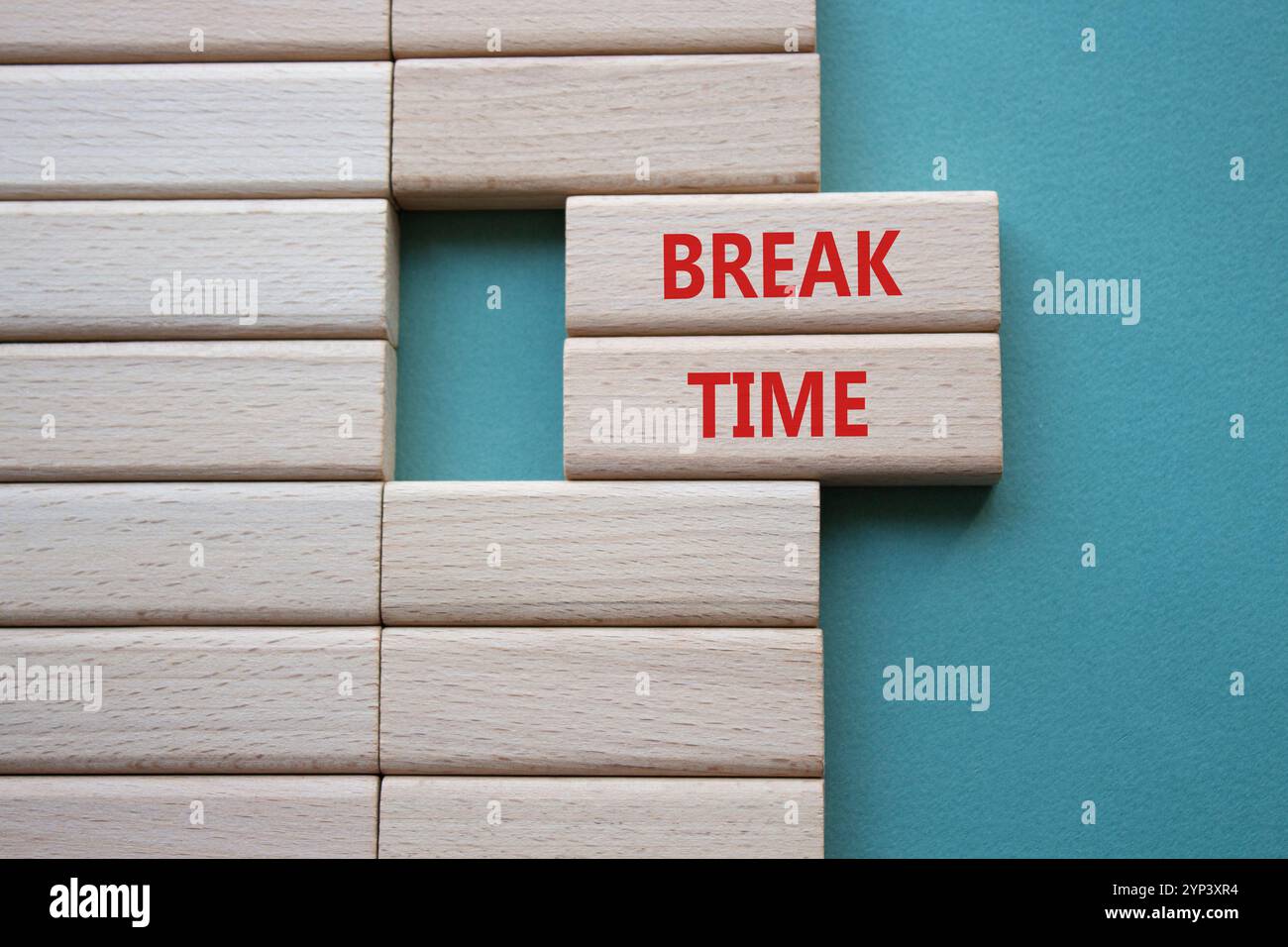 Break Time symbol. Concept word Break Time on wooden blocks. Beautiful grey green background ...