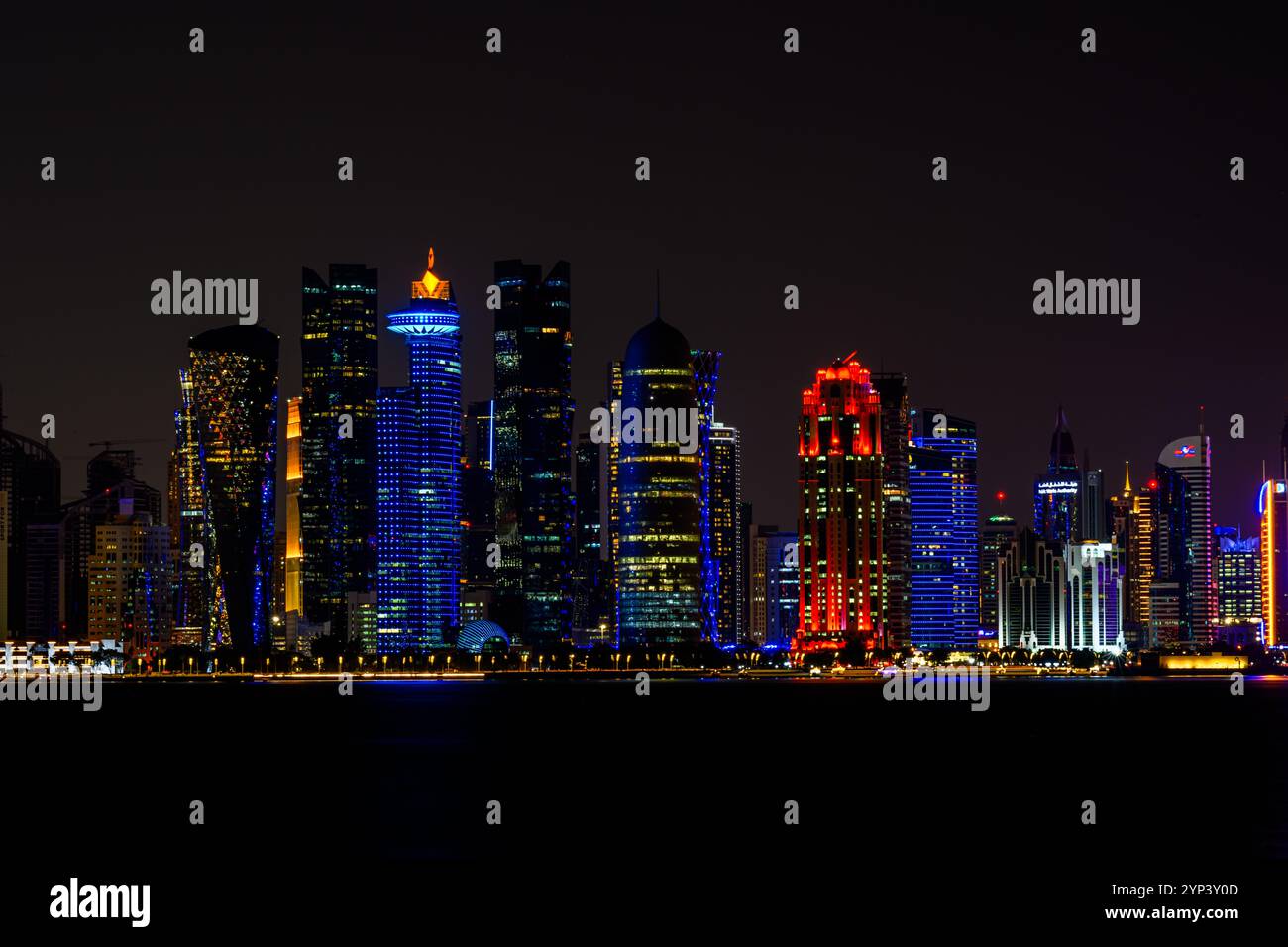 Skyscrapers of downtown Doha at night, Qatar Stock Photo - Alamy