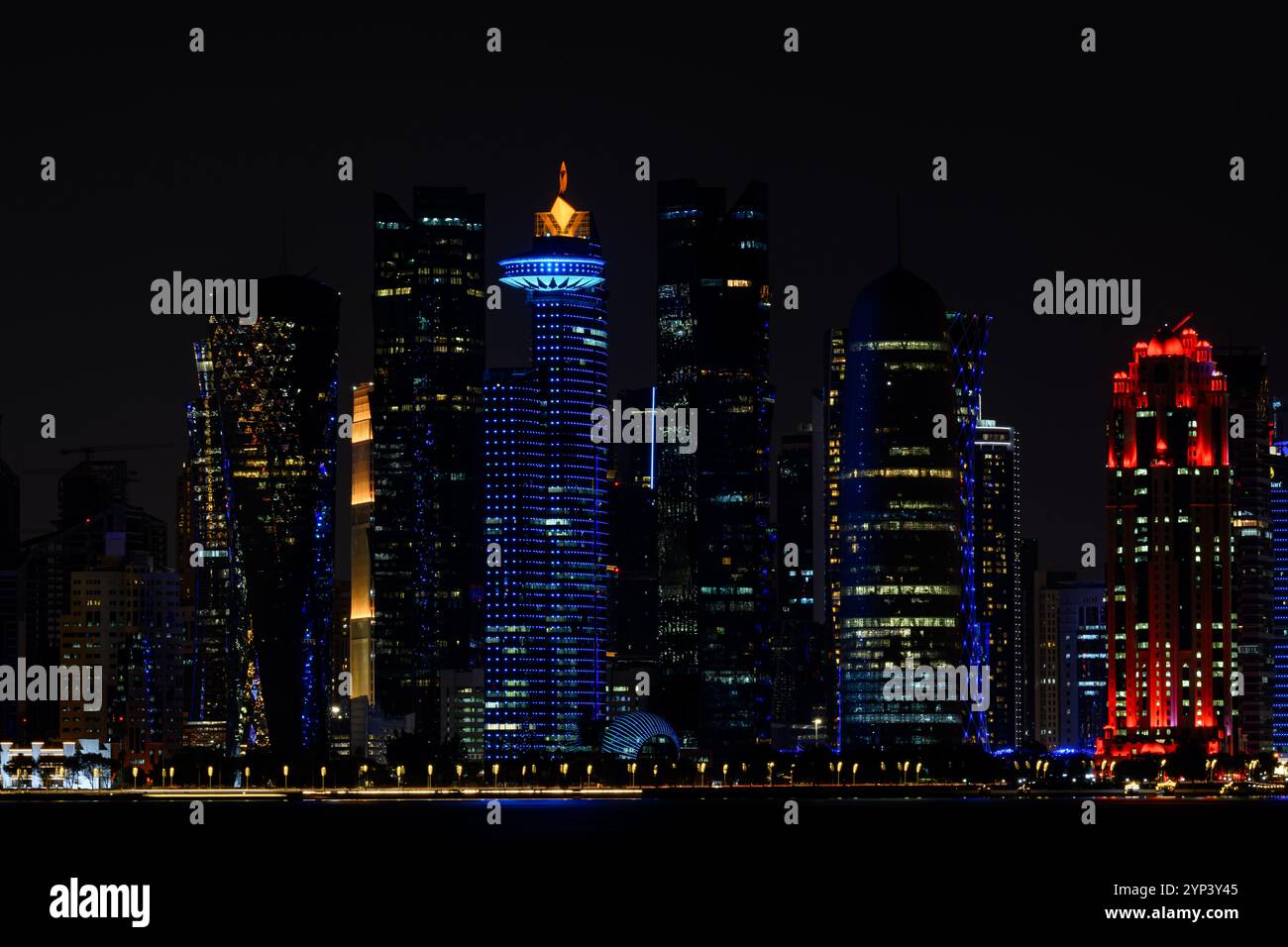 Skyscrapers of downtown Doha at night, Qatar Stock Photo - Alamy