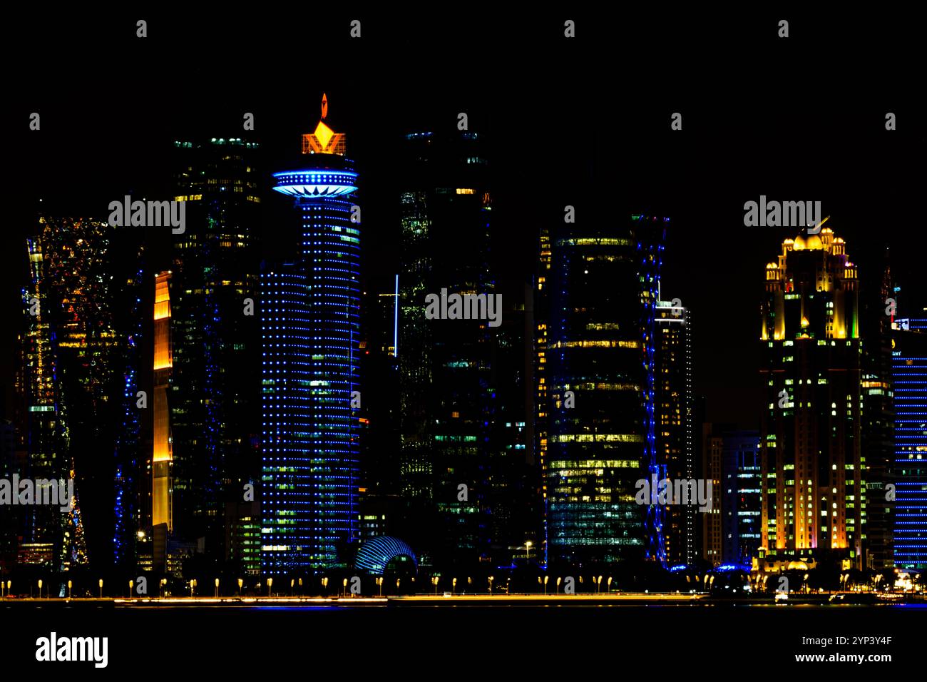 Skyscrapers of downtown Doha at night, Qatar Stock Photo - Alamy