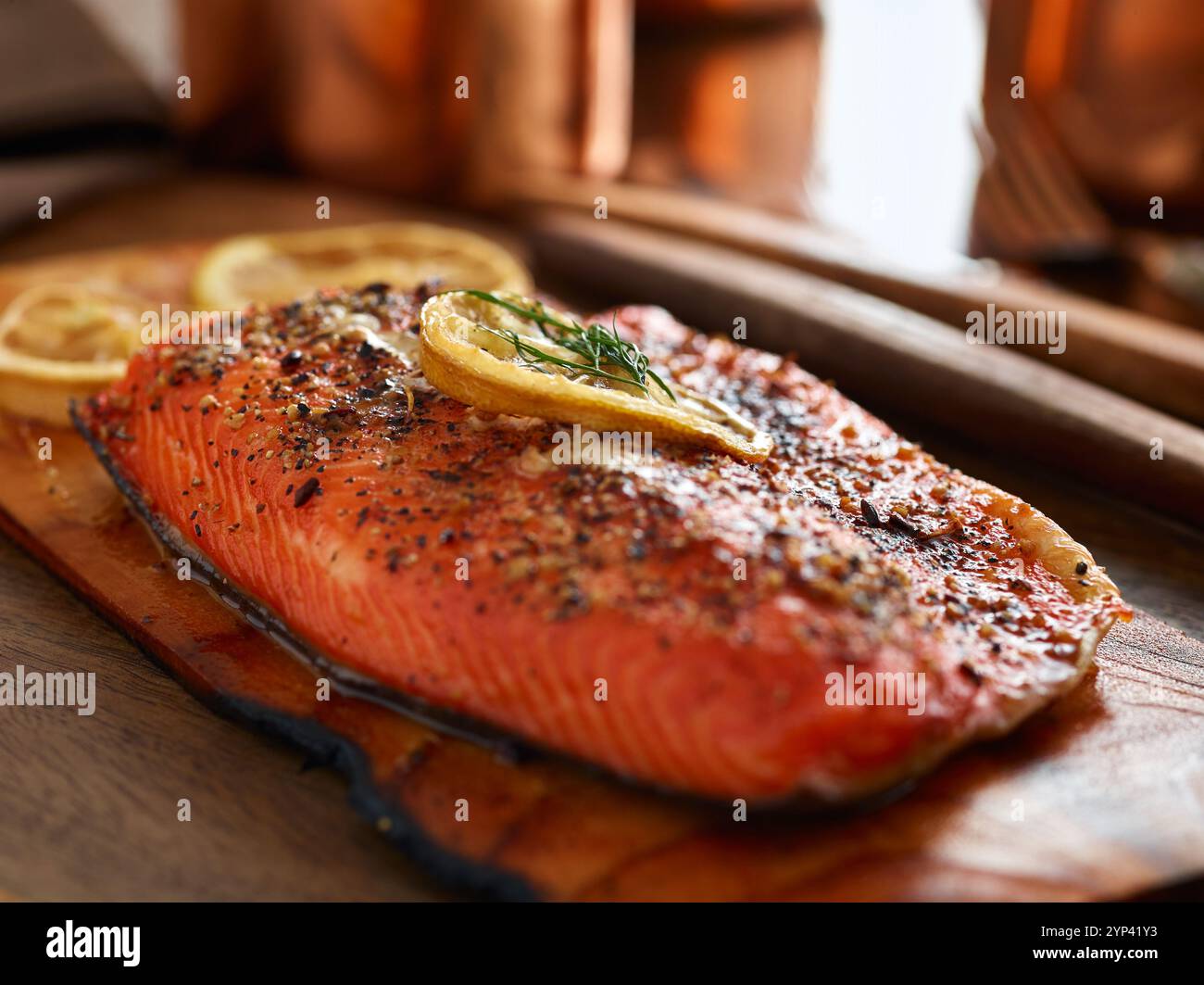 salmon cooked with cedar plank technique Stock Photo - Alamy