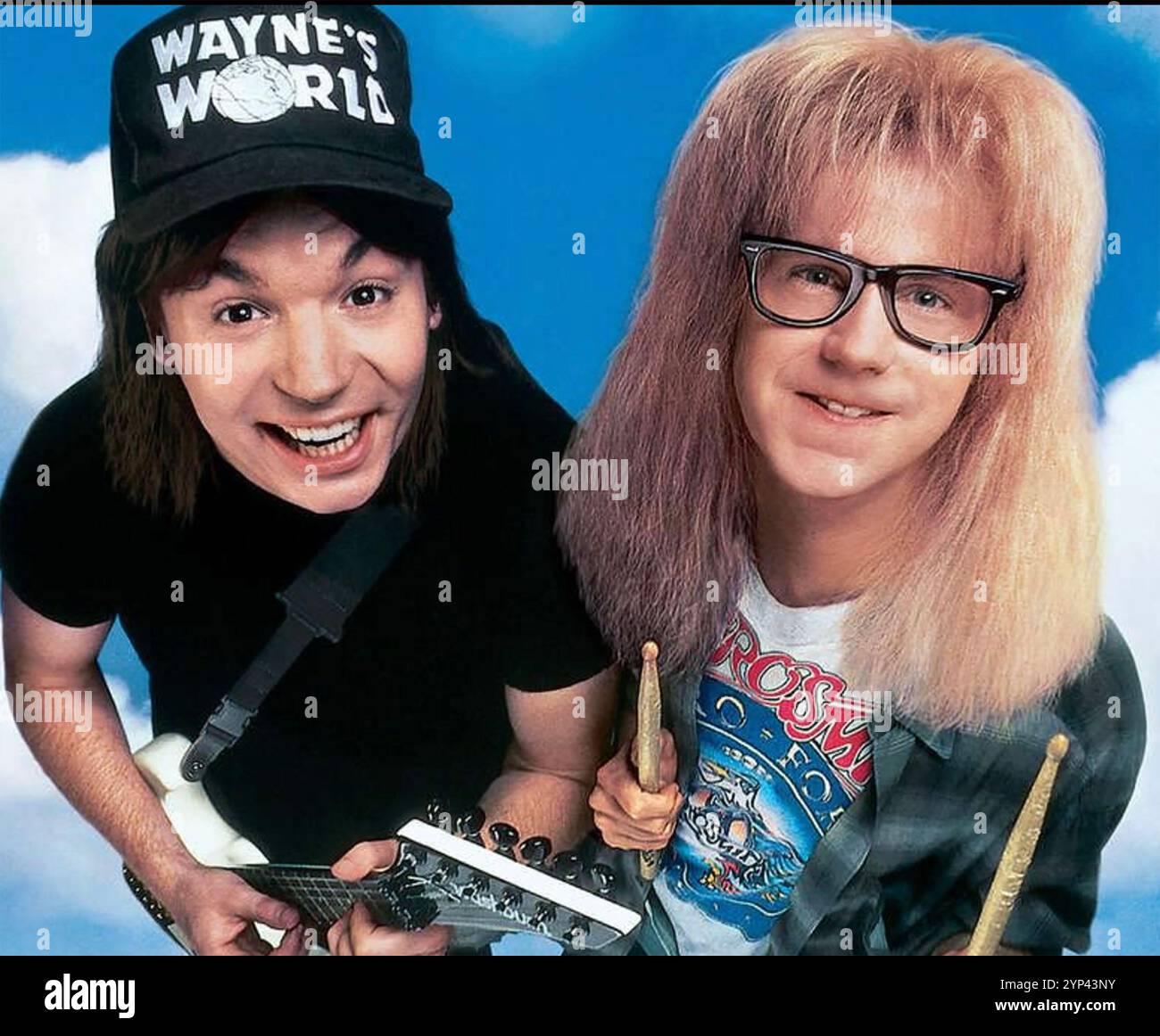 WAYNE'S WORLD 1992 Paramount Pictures film with Mike Myers as Wayne Campbell at right and Dana ...