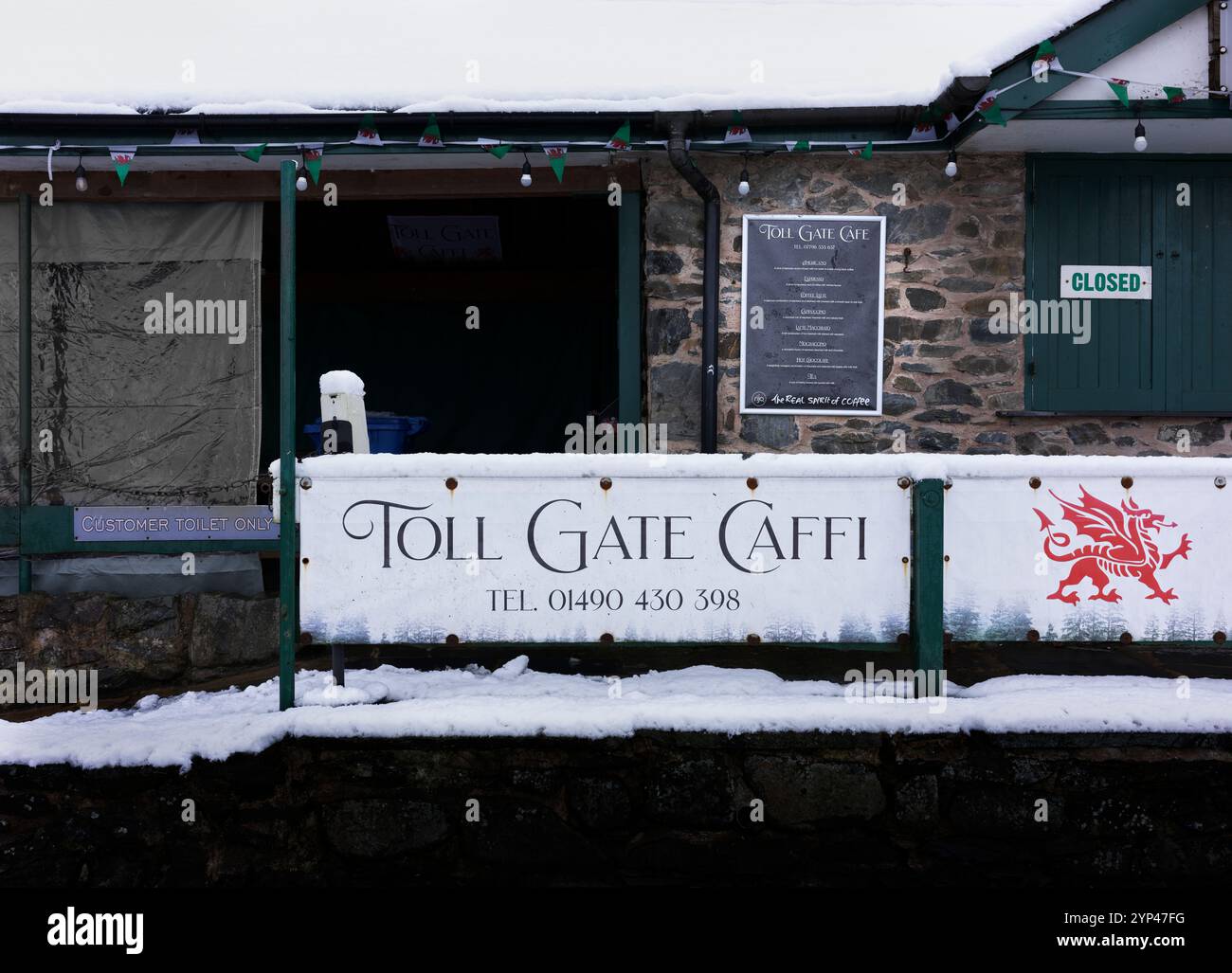 The Toll Gate Caffi, by the A5 road near Glyndyfrdwy, Wales, on a cold ...