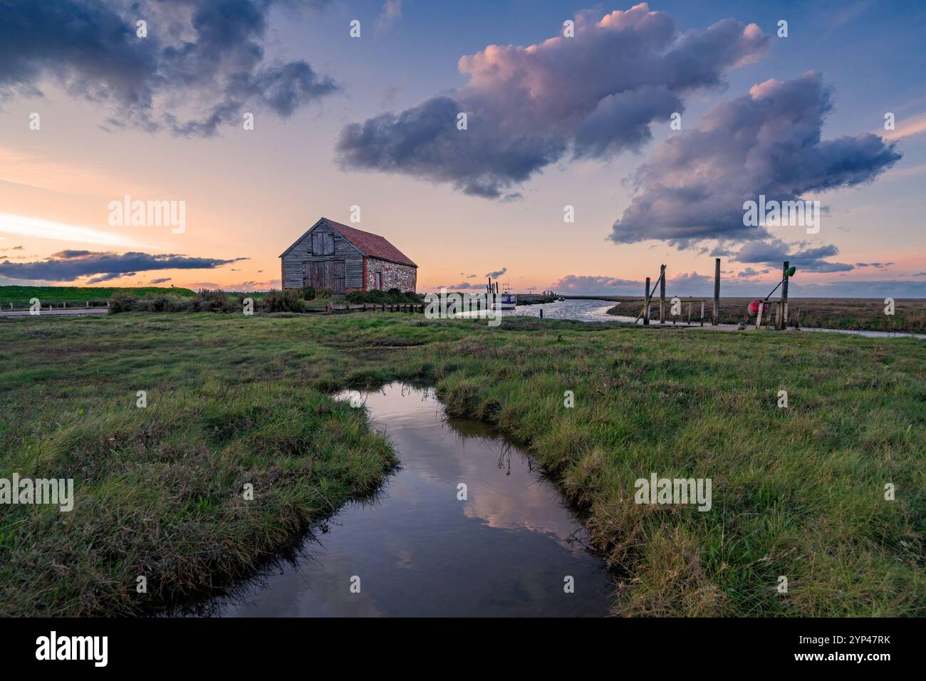 Thornham Old Harbour at sunset, Thornham, Norfolk, England, Uk Stock ...