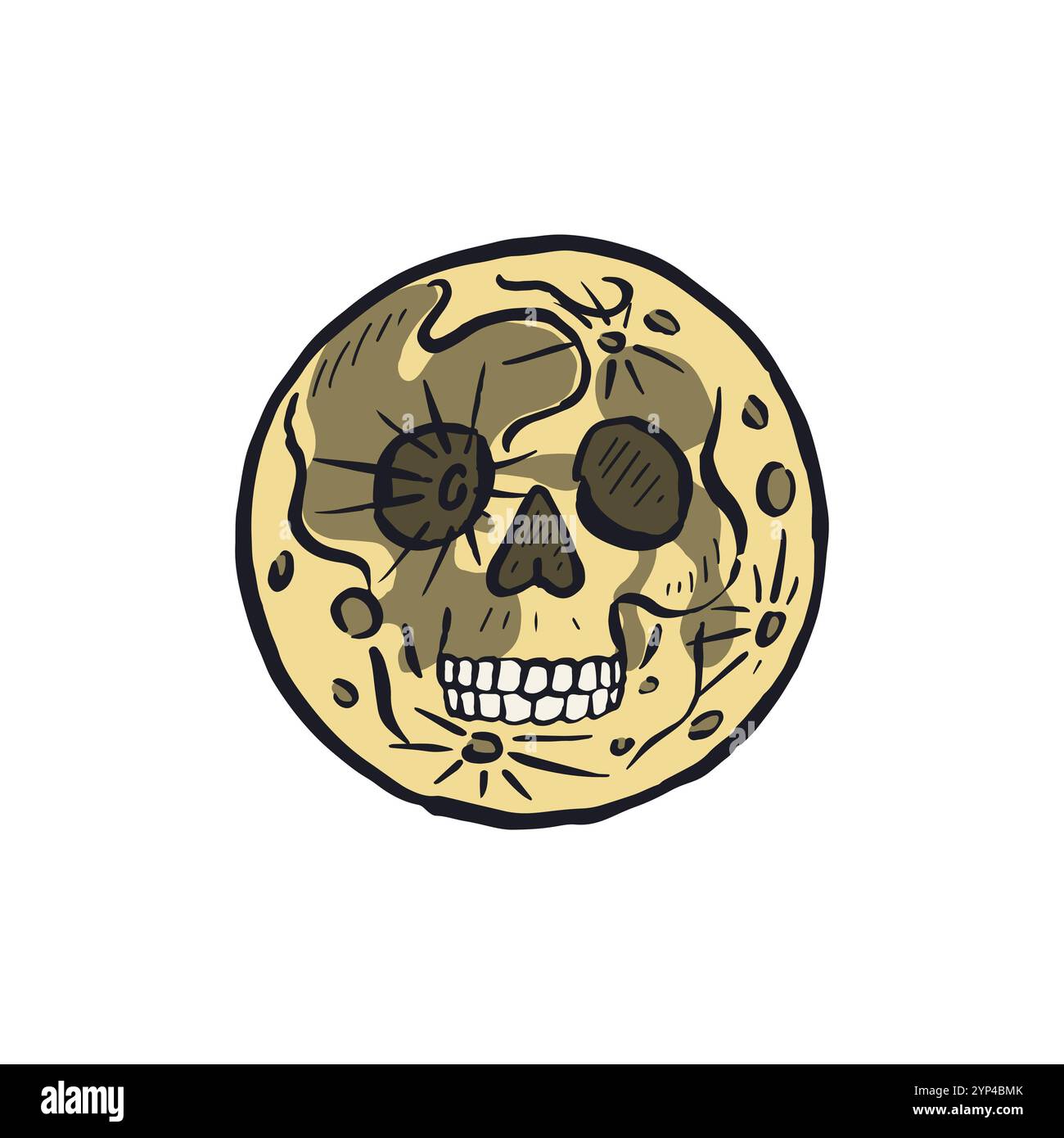 Hand drawn sketchy moon with skull face isolated on white background ...