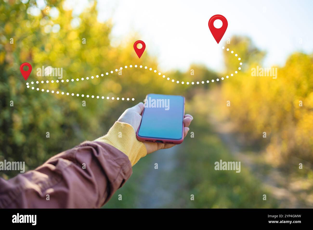Navigation smartphone pathway. Woman standing in middle of forest ...