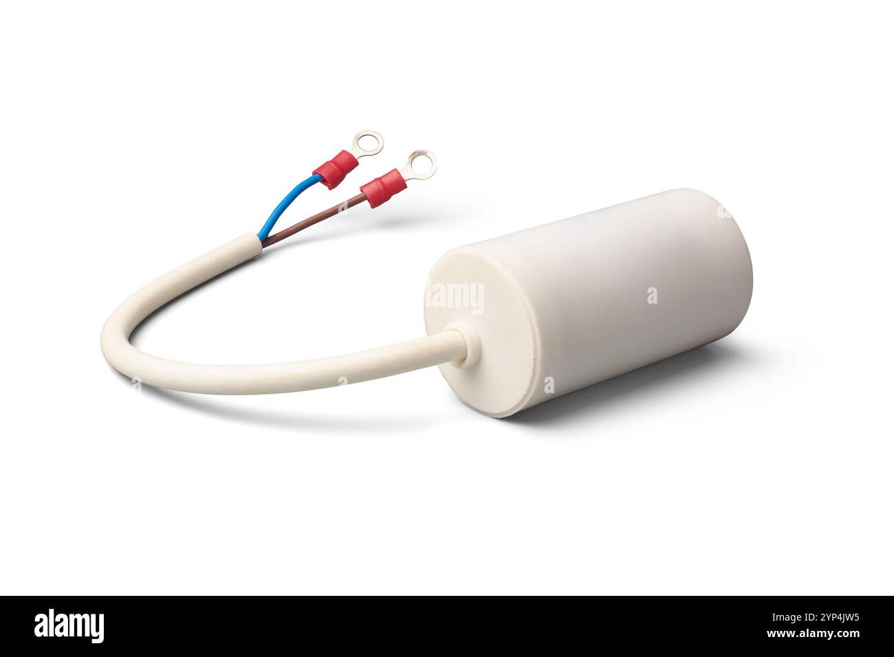 cylindrical capacitor with metal terminals isolated white background, used in single phase ac ...