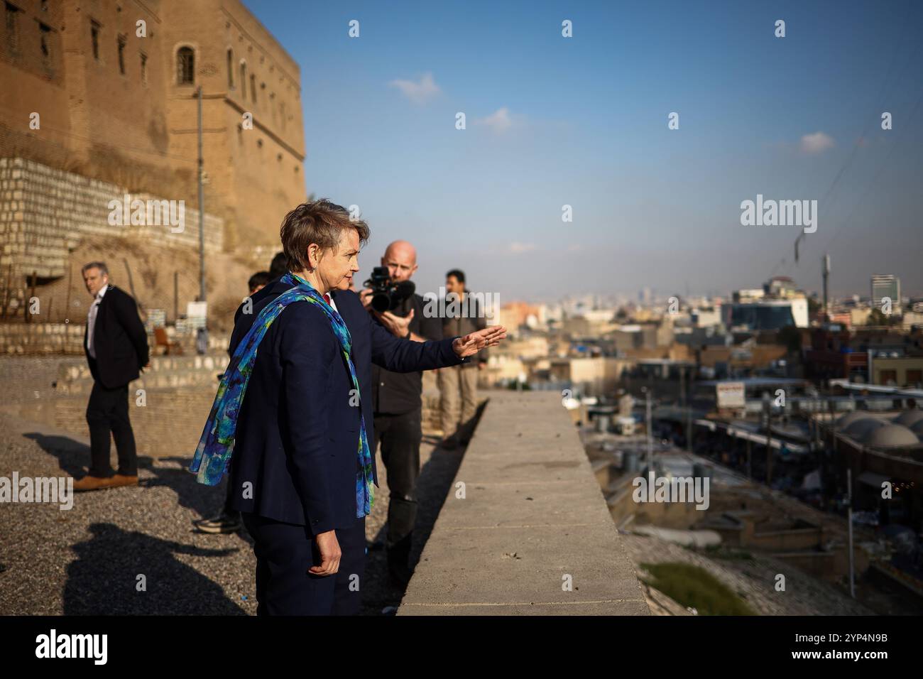 Home Secretary Yvette Cooper attends a tour of the Citadel, in Erbil ...