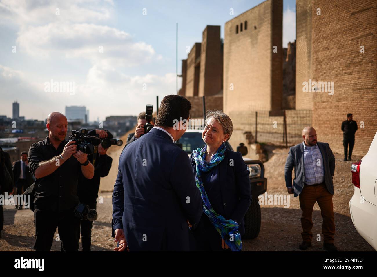 Home Secretary Yvette Cooper attends a tour of the Citadel, in Erbil ...