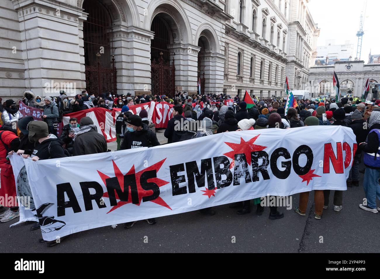 London, UK. 28 November, 2024. A banner calling for "Arms Embargo Now ...