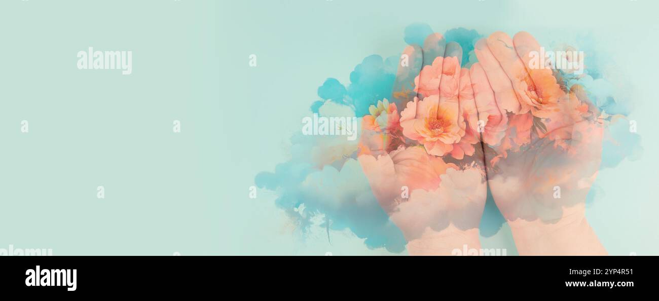 Colorful cloud of flowers, positive thoughts, emotion and attitude ...