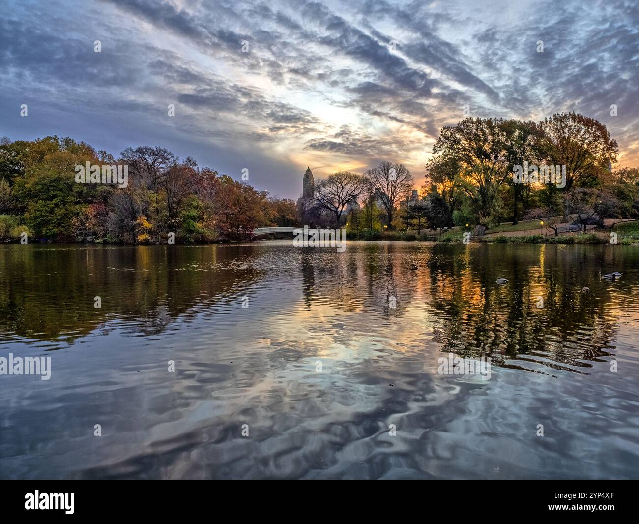 Bow bridge, Central Park, New York City at sunrise in late autumn Stock ...