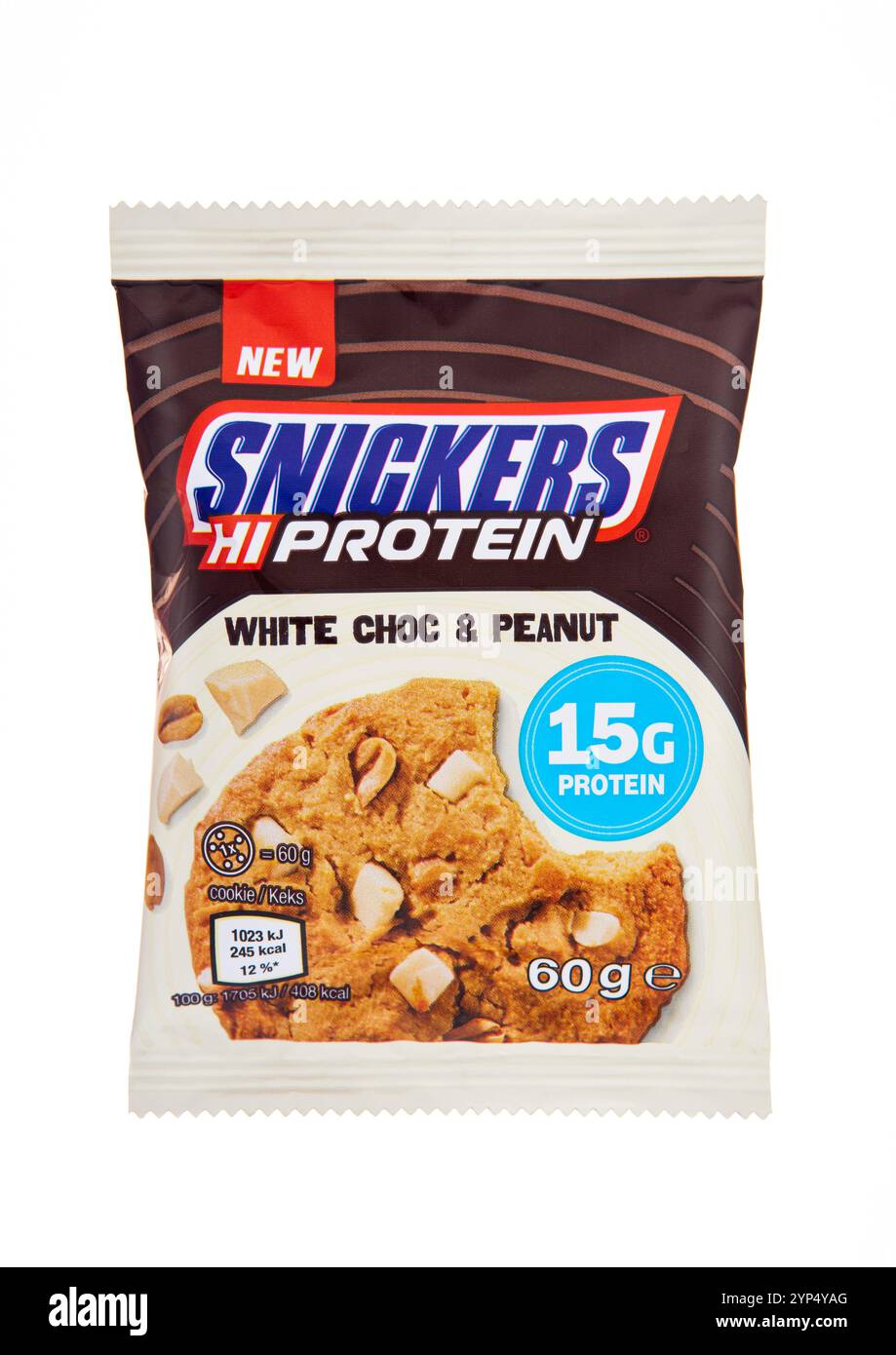LONDON, UK - NOVEMBER 15, 2024: Snickers high protein white chocolate and peanut cookie on white ...