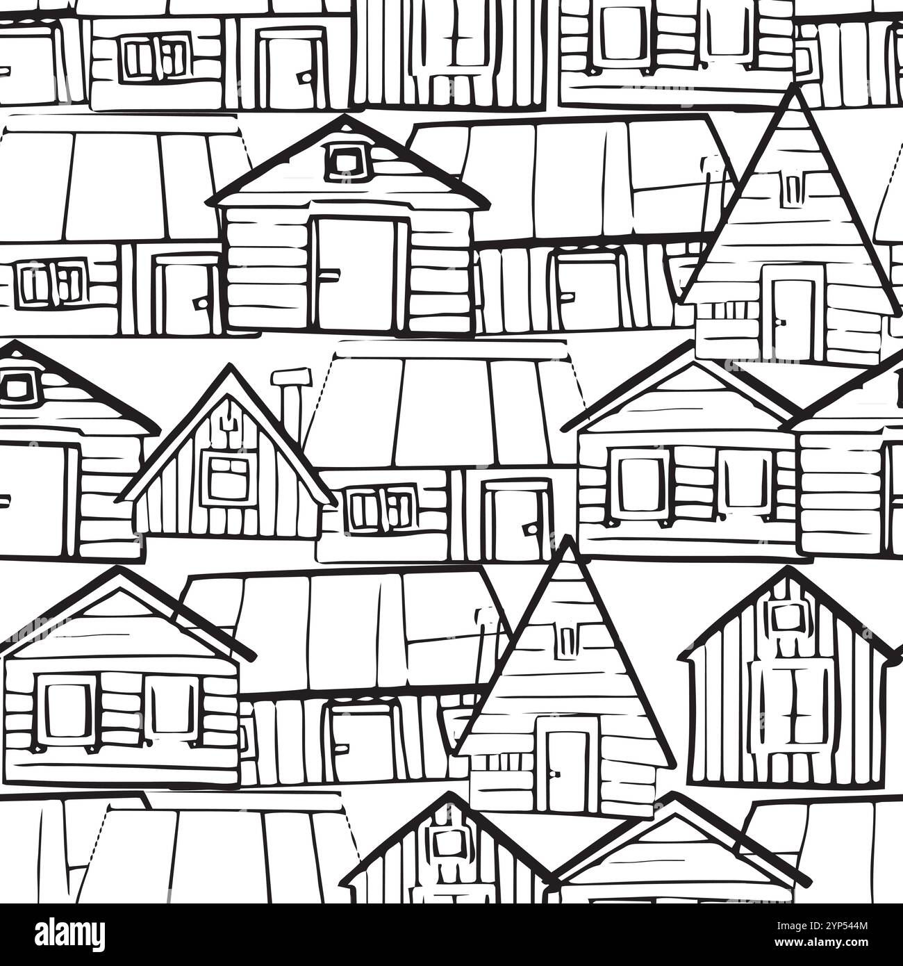 Doodle buildings. Black and white line art seamless pattern of various ...