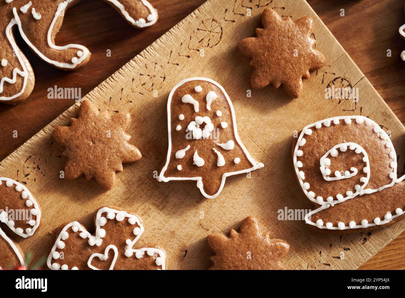 Homemade gingerbread Christmas cookie decorated with white icing, top ...