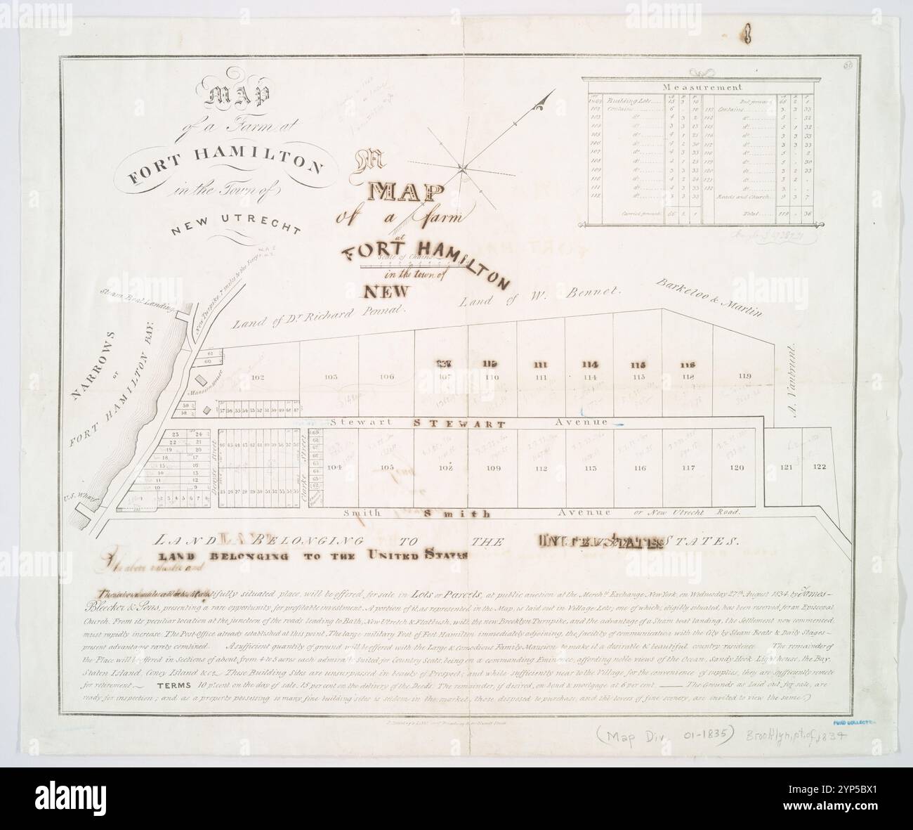 Map of a farm at Fort Hamilton in the town of New Utrecht. 1834 Stock ...