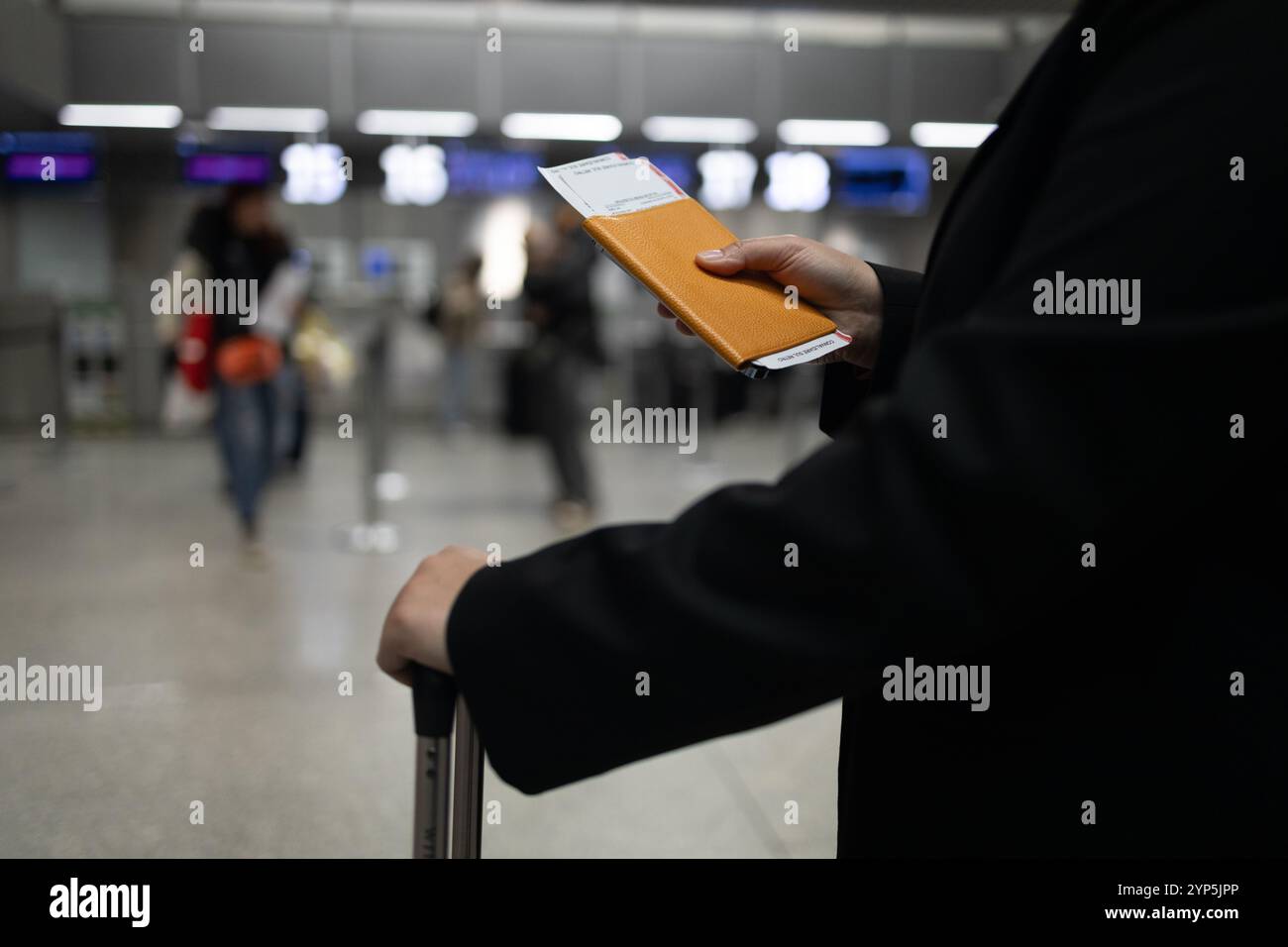 Portrait of positive cheerful traveler woman hold ticket ready enjoy ...