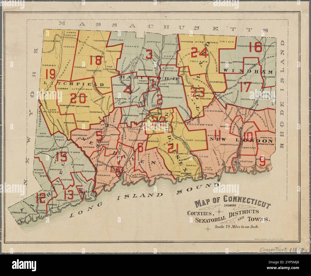 Map of Connecticut showing counties, senatorial districts and towns ...