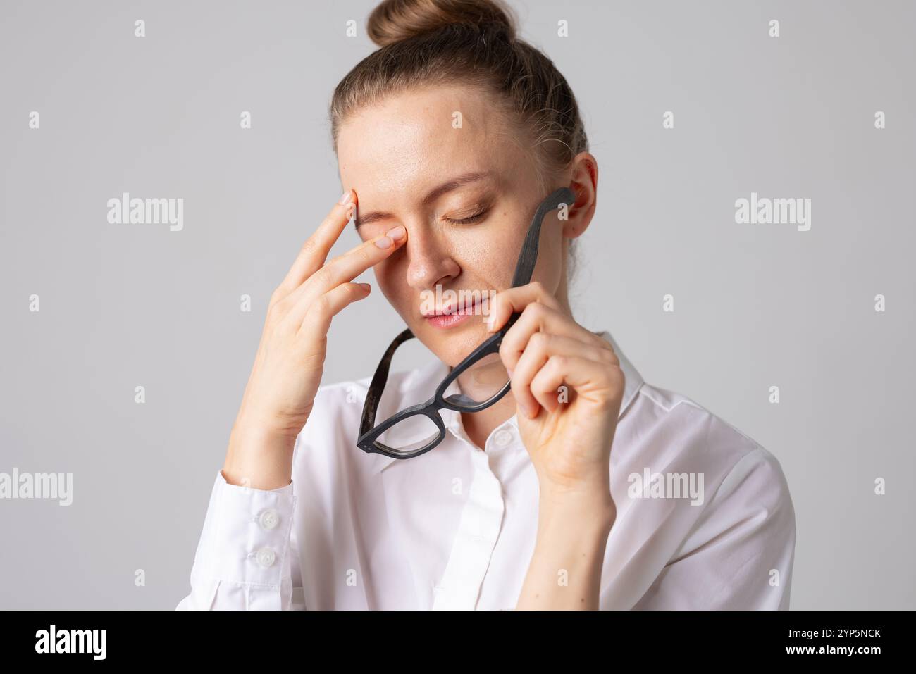 Vision problem. adult woman massaging tired eyes, poor vision concept ...