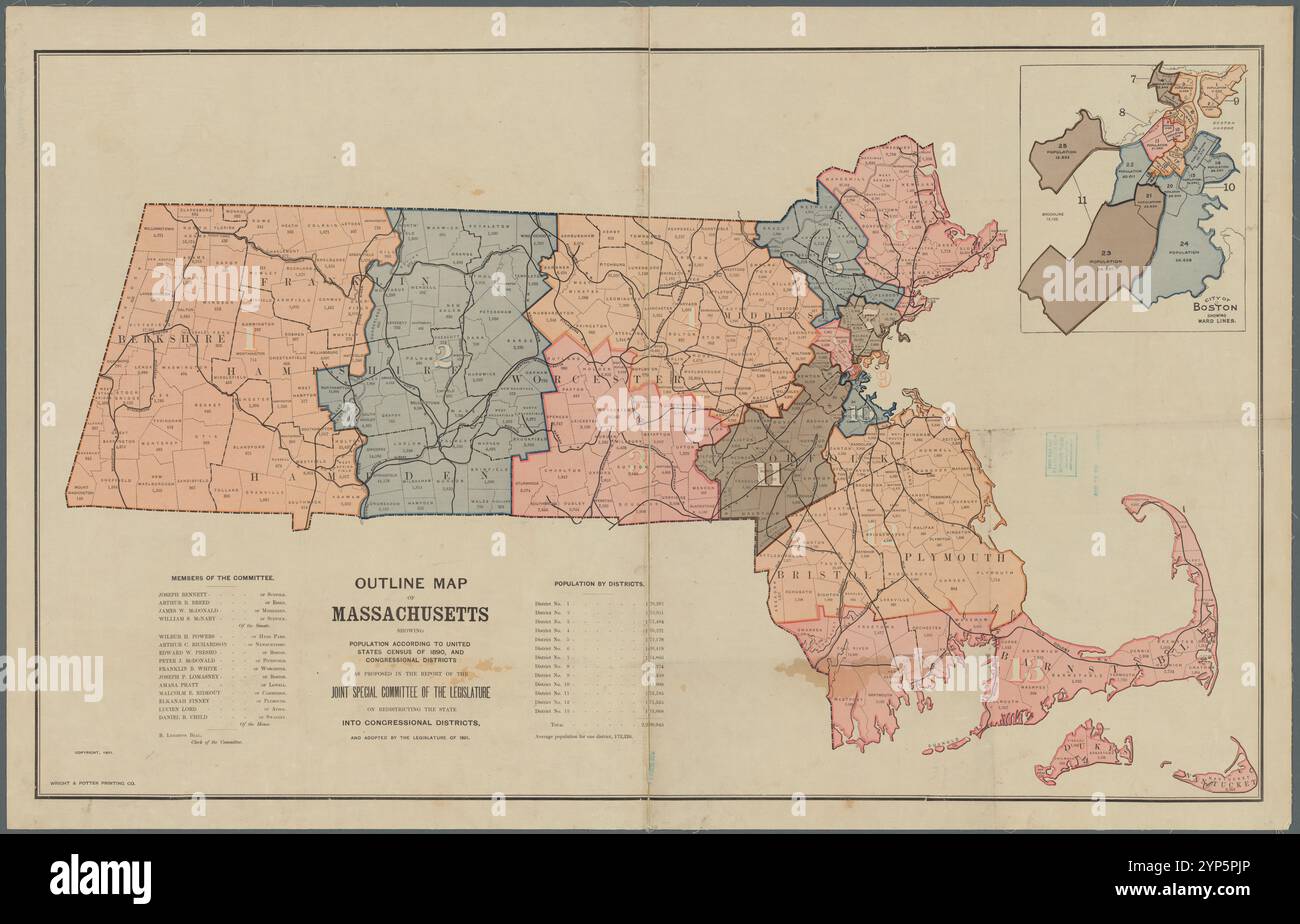 Outline map of Massachusetts: showing population according to the ...