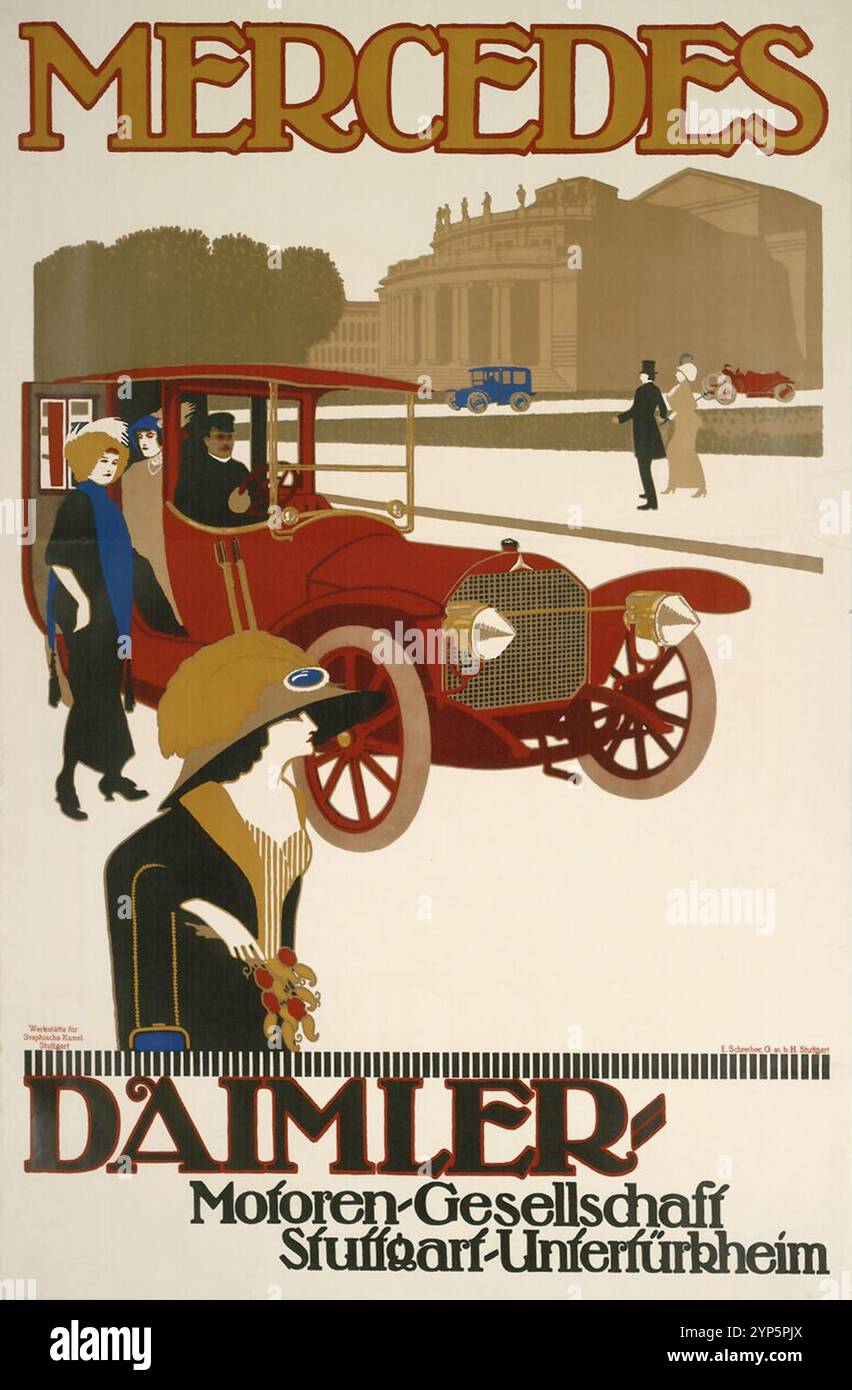 Vintage German Automobile advertising Poster: MERCEDES; DAIMLER-Motoren ...