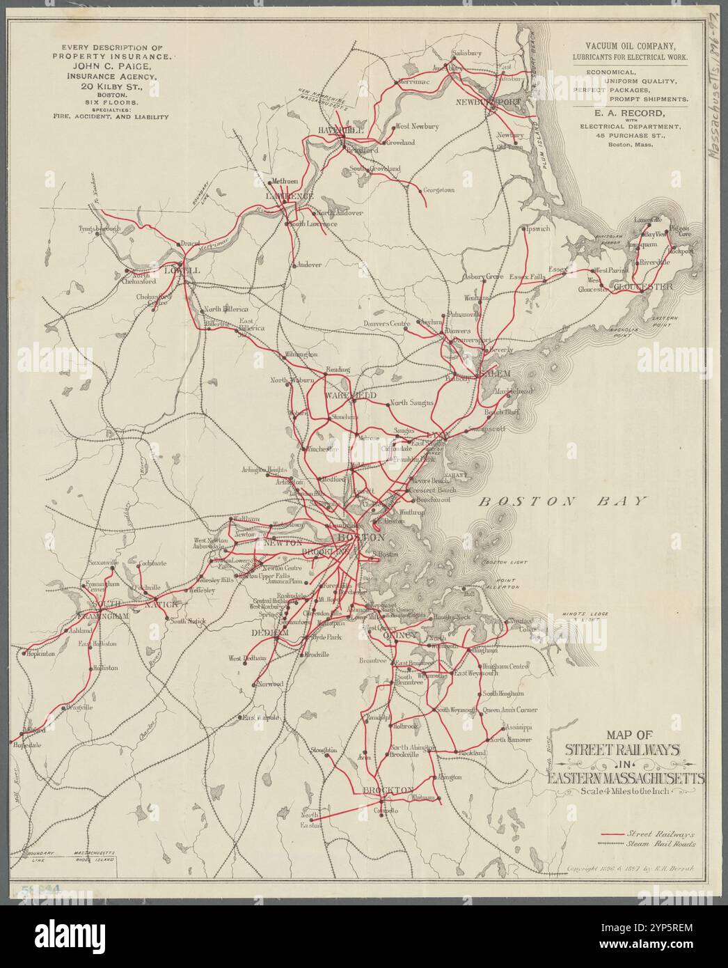 Map of street railways in eastern Massachusetts 1897 by Derrah, Robert ...