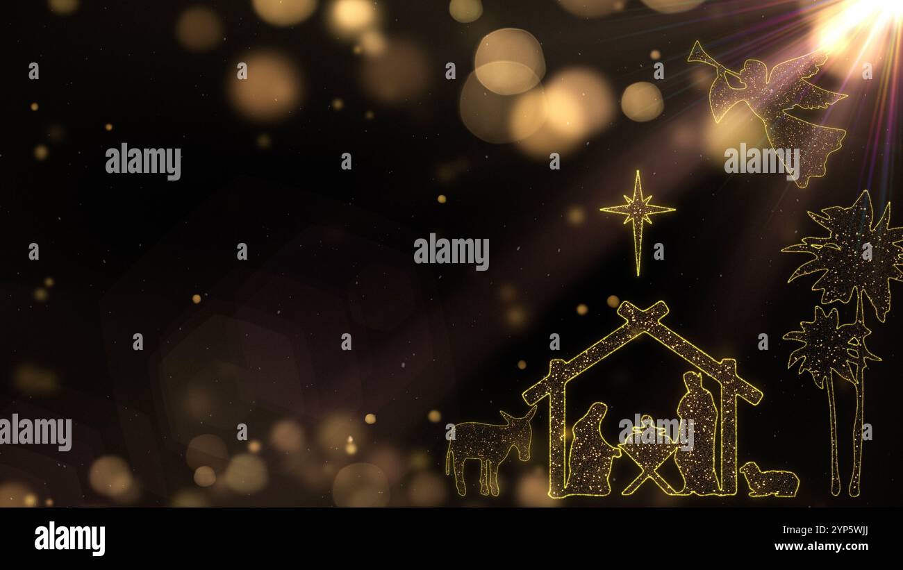 Bright Christmas scene with light particles and nativity characters ...