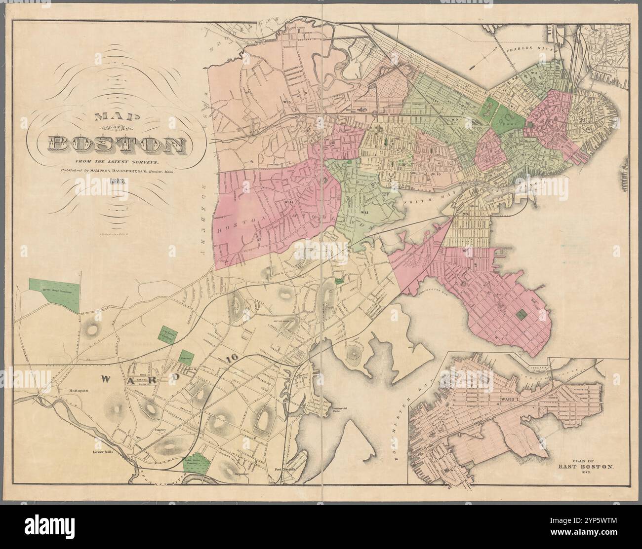Map of Boston: from the latest surveys 1873 - 1876 Stock Photo - Alamy