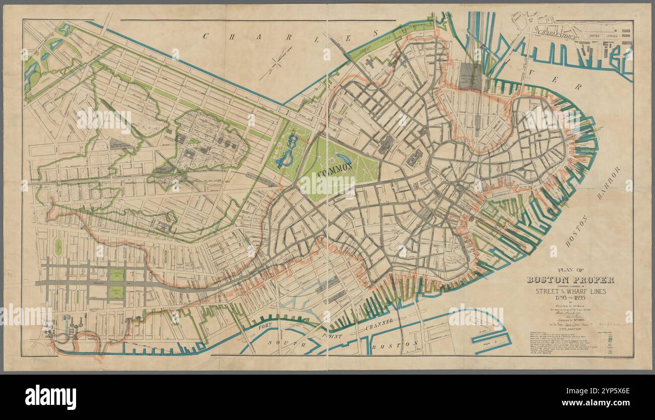 Plan of Boston proper, showing changes in street and wharf lines, 1795 ...