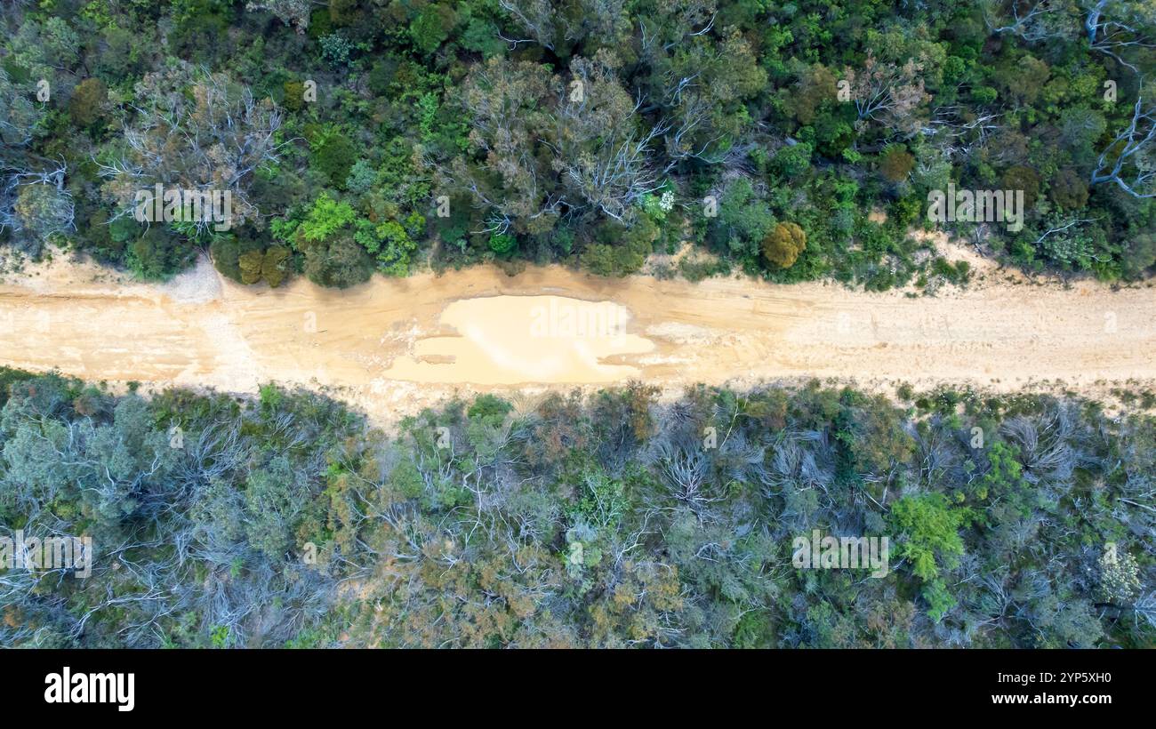 Drone aerial photograph of flooding on a dirt track running through ...