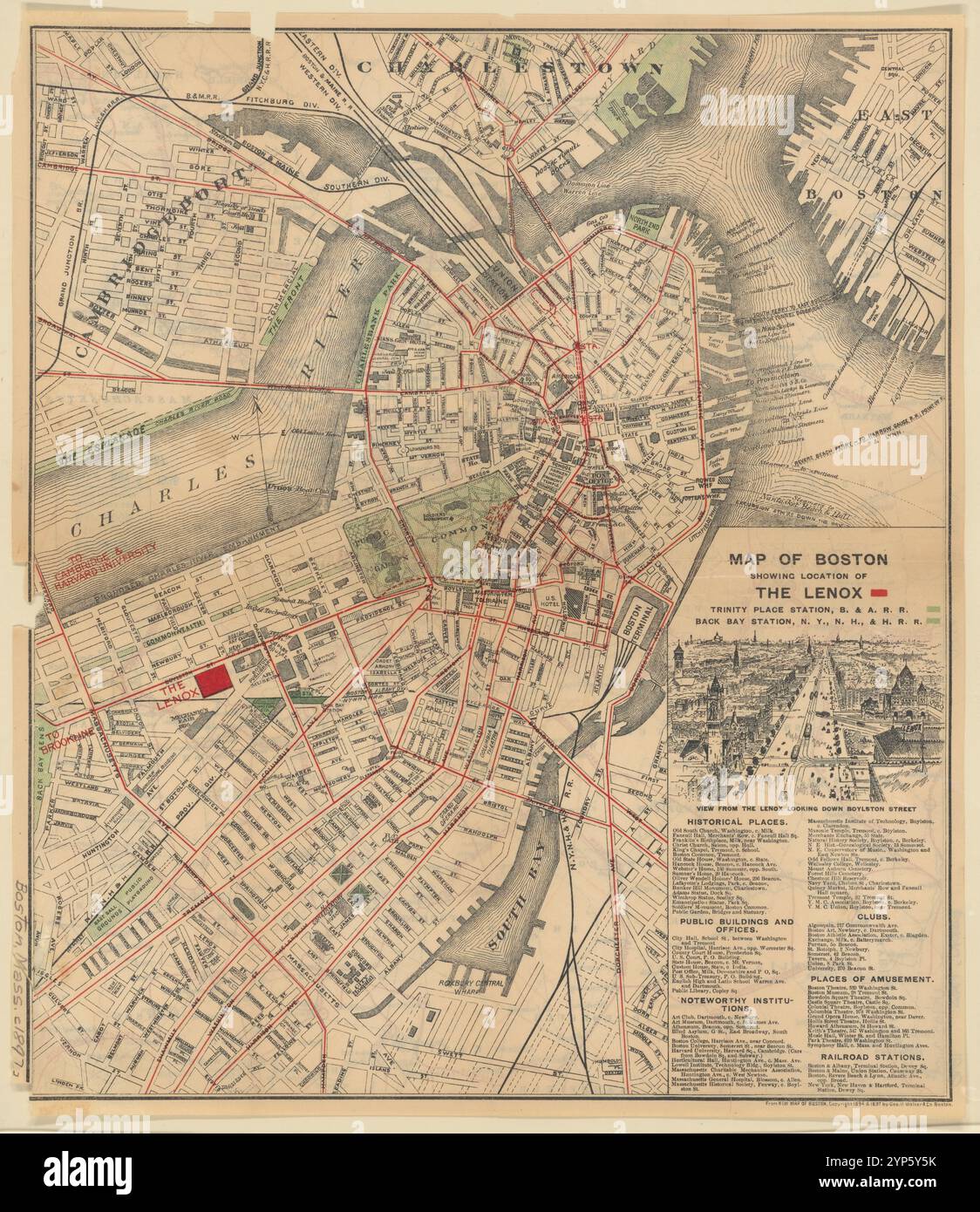 Map of Boston showing location of the Lenox 1898 Stock Photo - Alamy