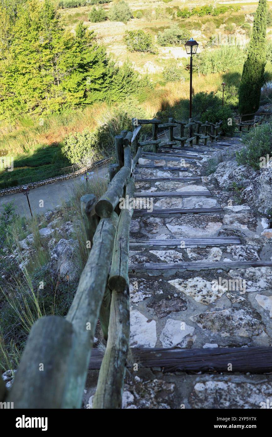 Stone staircase to El Salto de Chella waterfall and canyon in Chella ...
