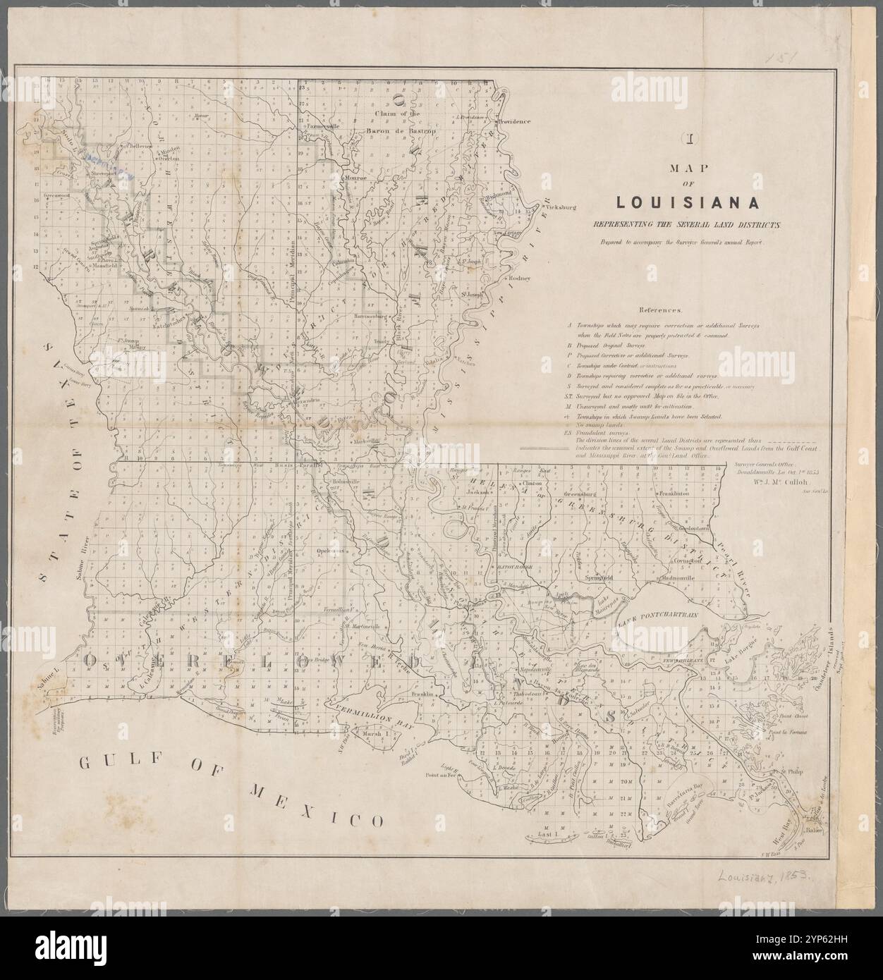 Map of Louisiana : representing the several land districts 1853 Stock ...